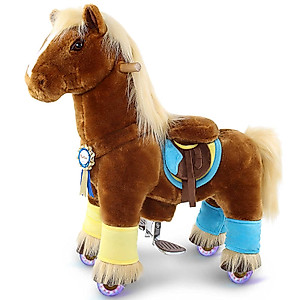 PonyCycle Official Walking Horse No Battery No Electricity Mechanical Brown Color Giddy up Pony Plush Toy Ride on Animal for Age 3-5 Years Small Size - K32