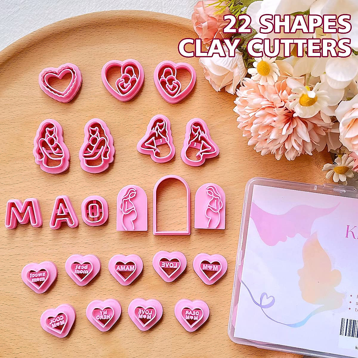 KEOKER Mom Heart Polymer Clay Cutters, Mothers Day Clay Earring Cutters, 22 Shapes Polymer Clay Cutters for Earrings, Mama Stamp Clay Cutters for Polymer Clay Jewelry