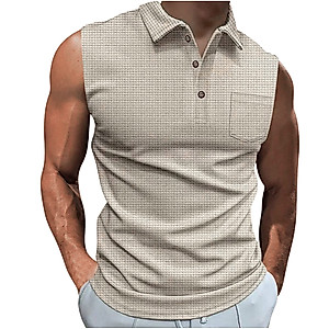 Black T Shirts for Men 2023 Fashion Button Down Waffle Muscle Fit Shirt Summer Casual Slim Fit Solid Tank Tops Button Down Shirt Men Khaki L