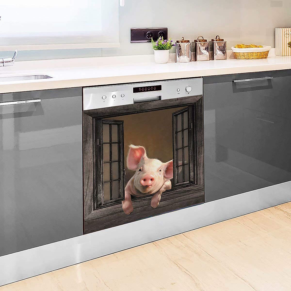 Magnetic Funny Pig Dishwasher Sticker Kitchen Cabinet Panels,Farm Window Refrigerator Door Cover Sheet,Animal Fridge Manget,Home Appliances Decor Decals 23"Wx17"H