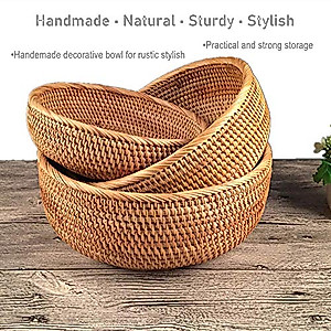 AMOLOLO Hadewoven Round Rattan Fruit Basket Wicker Food Tray Weaving Storage Holder Dinning Room Bowl, 10 Inch Woven Bread Basket Key Bowls with 4”Wall for Table, Countertop (Large 9.8")
