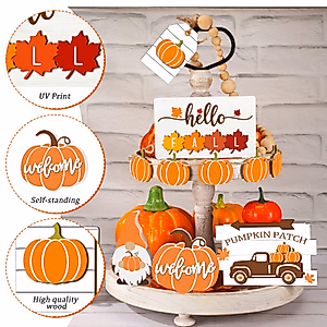 Yalikop Fall Tiered Tray Decor Set Thanksgiving Pumpkin Maple Leaves Gnome Wood Sign Hello Fall Rustic Farmhouse Wood Bead Decorative Tabletop Signs for Autumn Thanksgiving Day Table Holiday