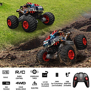 NETNEW Boys Toys RC Cars Tyrannosaurus Dinosaur Monster Trucks for Kids Off Road 20+MPH All Terrain 4WD Remote Control Car 6 7 8 Years Old