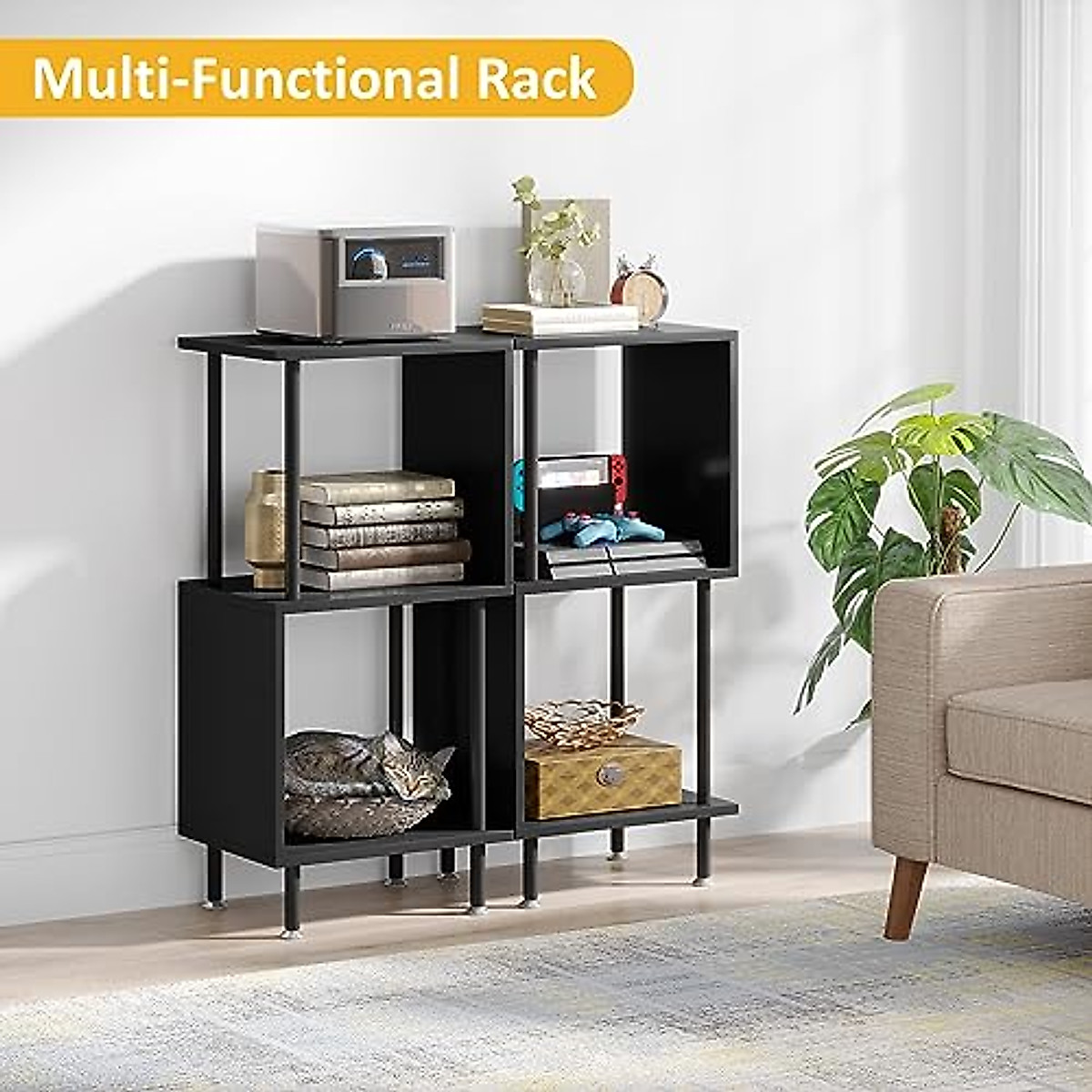 Book Shelf Bookcase, Modern Small Bookshelf for Small Spaces: S-Shaped Wooden Bookshelf Corner Bookshelf for Living Room Bedroom Home Office, Black Bookshelves and Bookcases Storage Organizer, 3-Tier