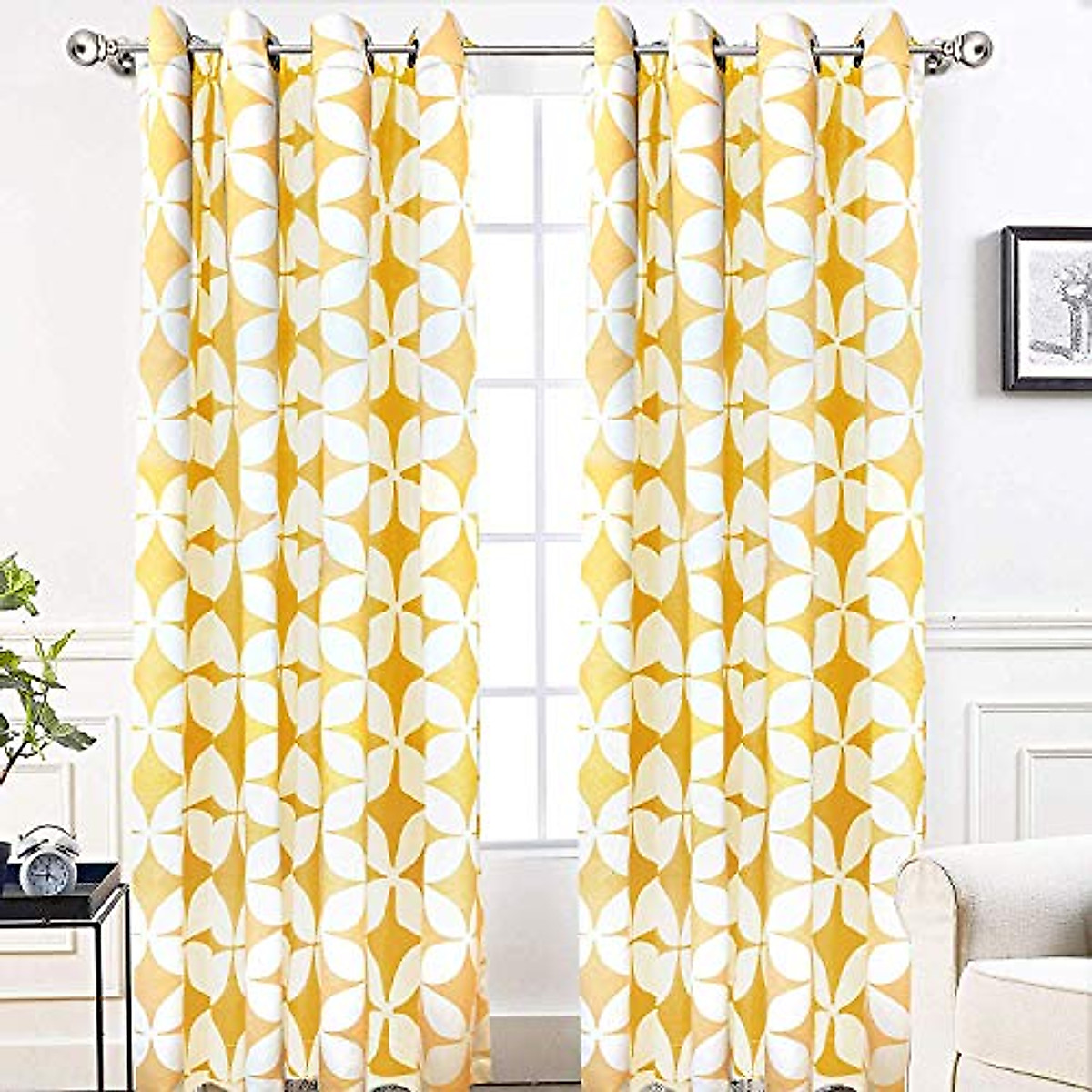 DriftAway Amelia Thermal Blackout Room Darkening Grommet Window Curtains Retro Geo Pattern Round Circle Star Print Set of 2 Panels Each 52 Inch by 84 Inch Yellow