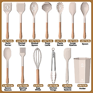 Kitchen Utensils Set- 13 Pcs Cooking Utensils with Tongs, Spoon Spatula &Turner Made of Heat Resistant Food Grade Silicone and Wooden Handles Kitchen Gadgets Tools Set for Nonstick Cookware (Khaki)