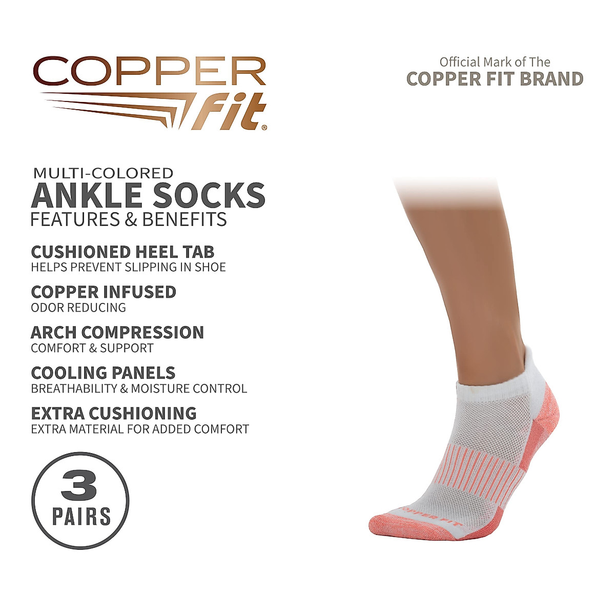 Copper Fit unisex adult Ankle Length Sport Socks, White, Large-X-Large US
