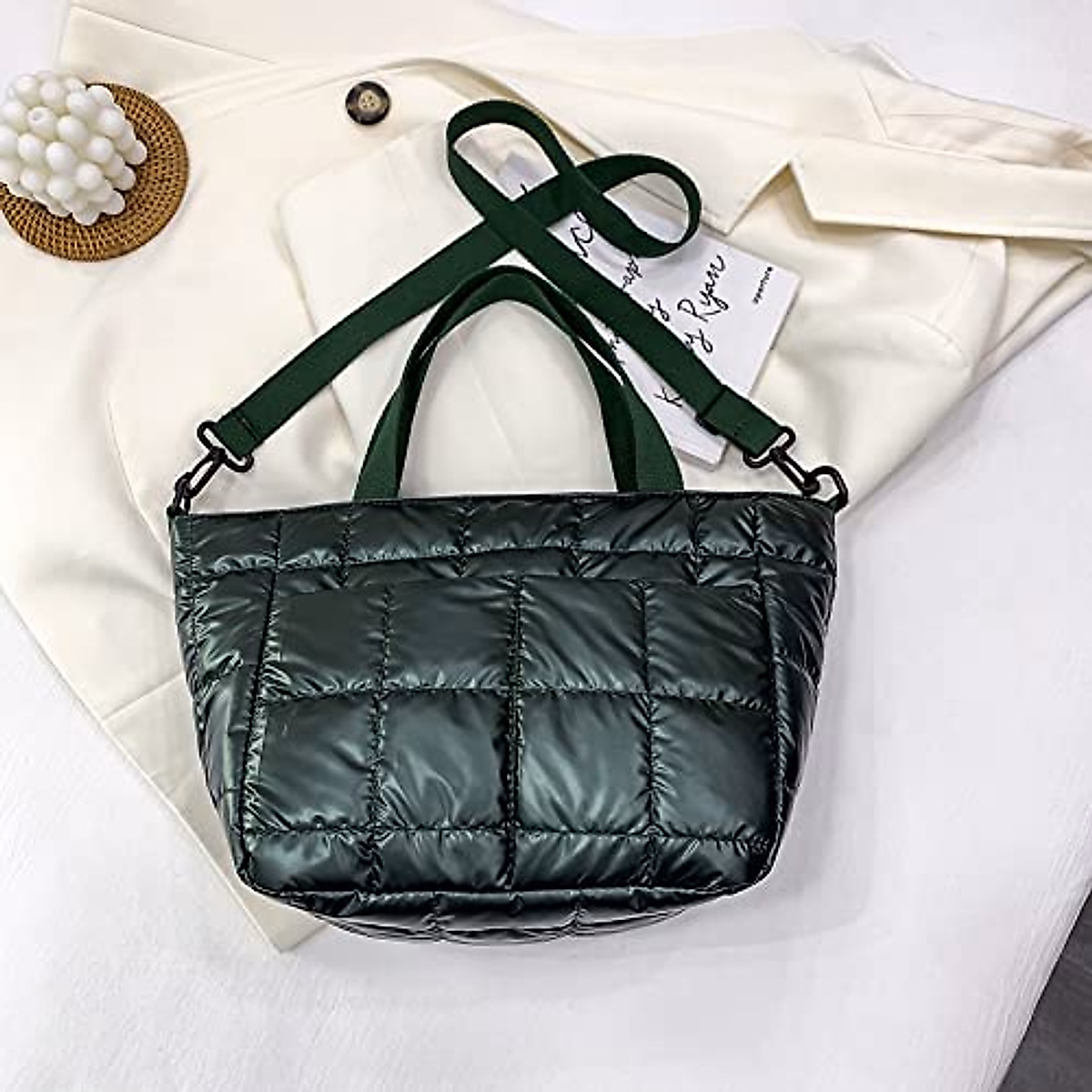 AZURAOKEY Puffer Tote Bag for Women, Quilted Cotton Padded Designer Handbag, Women Soft Lattice Pattern Shoulder Bag Underarm Bag Female Luxury Clutch Bag-Green