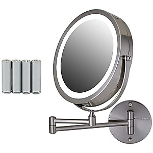 Ovente 8.6" Lighted Wall Mount Makeup Mirror, 1X & 10X Magnifier, Adjustable Double Sided Round LED, Extend, Retractable & Folding Arm, Compact & Cordless, Battery Powered Nickel Brushed MFW85BR1X10X
