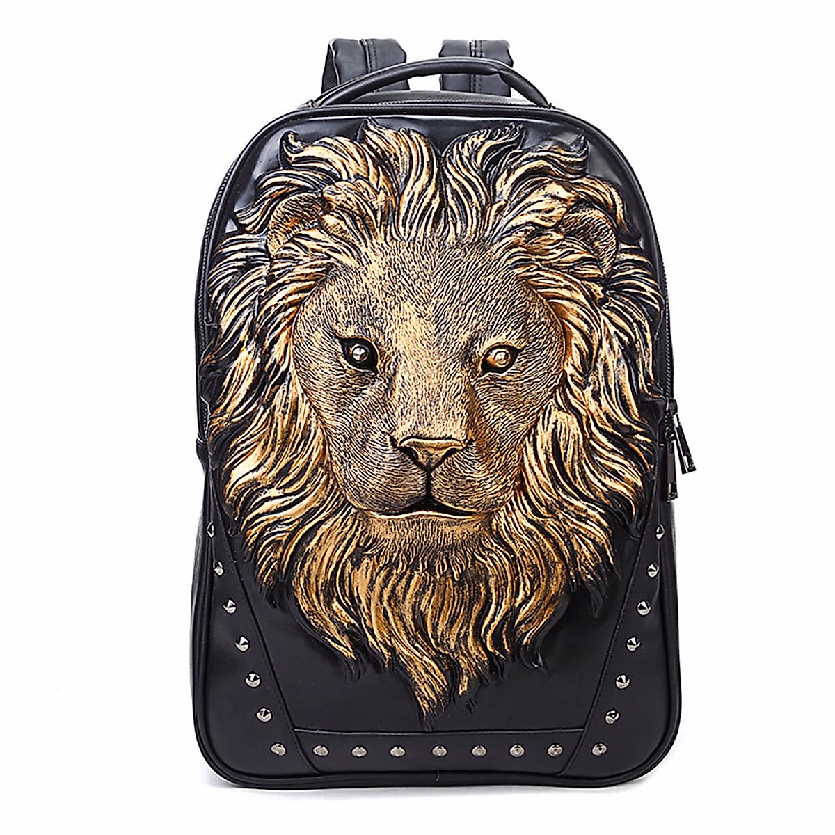 3D Animal Head Backpack, Studded PU Leather Cool Laptop Backpack College Bookbag (Lion-Black) One Size
