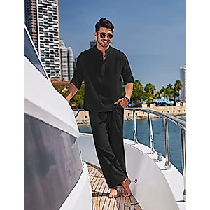 COOFANDY Men's 2 Pieces Linen Set Long Sleeve Henley Shirt and Holiday Beach Pants Casual Yoga Trousers Outfits