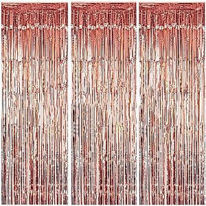 3 Packs 3.2ft x 6.6ft Rose Gold Metallic Tinsel Foil Fringe Curtains Photo Booth Props for Birthday Wedding Engagement Bridal Shower Baby Shower Bachelorette Holiday Celebration Party Decorations