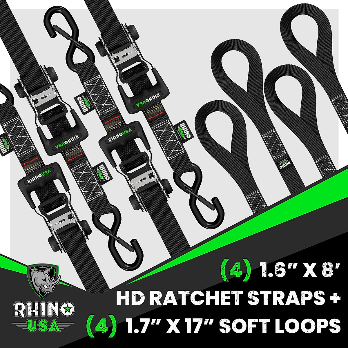 RHINO USA Ratchet Straps Tie Down Kit for ATV, 5,208 Break Strength - includes (4) Heavy Duty Rachet Tiedowns with Padded Handles & Coated Chromoly S Hooks + (4) Soft Loop Tie-Downs,Black