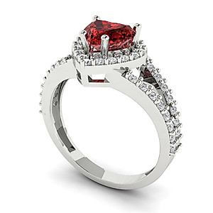 Clara Pucci 1.72ct Heart Cut Solitaire Halo split shank Natural Scarlet Red Garnet designer Modern Statement Ring Solid 14k White Gold