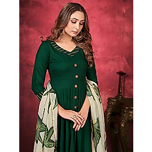 Indian Kurti for Womens With Pant & Dupatta | Rayon Foil Printed Long Kurta Partywear Kurtis For Women Tunic Tops Dark Green