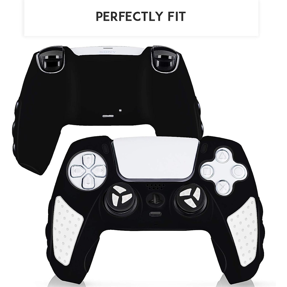 SIKEMAY PS5 Controller Skin, Anti-Slip Thicken Silicone Protective Cover Case Perfectly Compatible with Playstation 5 Controller Grip with 10 x Thumb Grip Caps (Black-White)