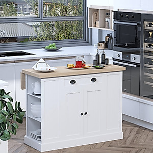 HOMCOM 47" Fluted-Style Wooden Kitchen Island, Kitchen Countertop Storage Cabinet with Drop Leaf, Drawer, Open Shelves, Storage, White