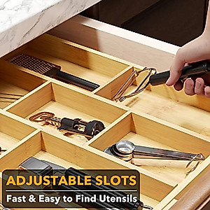 SpaceAid Bamboo Utensil Drawer Organizer with Labels, Kitchen Silverware Expandable Tray Holder Organizer for Flatware, Cutlery, Spoon and Knives Drawer Storage Organization (Natural)