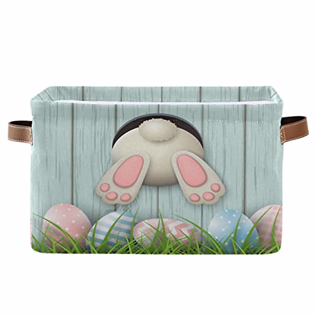 senya Easter Basket with Handles, Easter Bunny Bottom with Pink and Blue Eggs Foldable Fabric Collapsible Storage Bins Organizer Bag for Storage Clothes