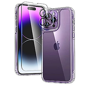 TAURI for iPhone 14 Pro Max Case, [5 in 1] 1X Clear Case [Not-Yellowing] with 2X Tempered Glass Screen Protector + 2X Camera Lens Protector, [Military-Grade Drop Protection] Phone Case 6.7 Inch