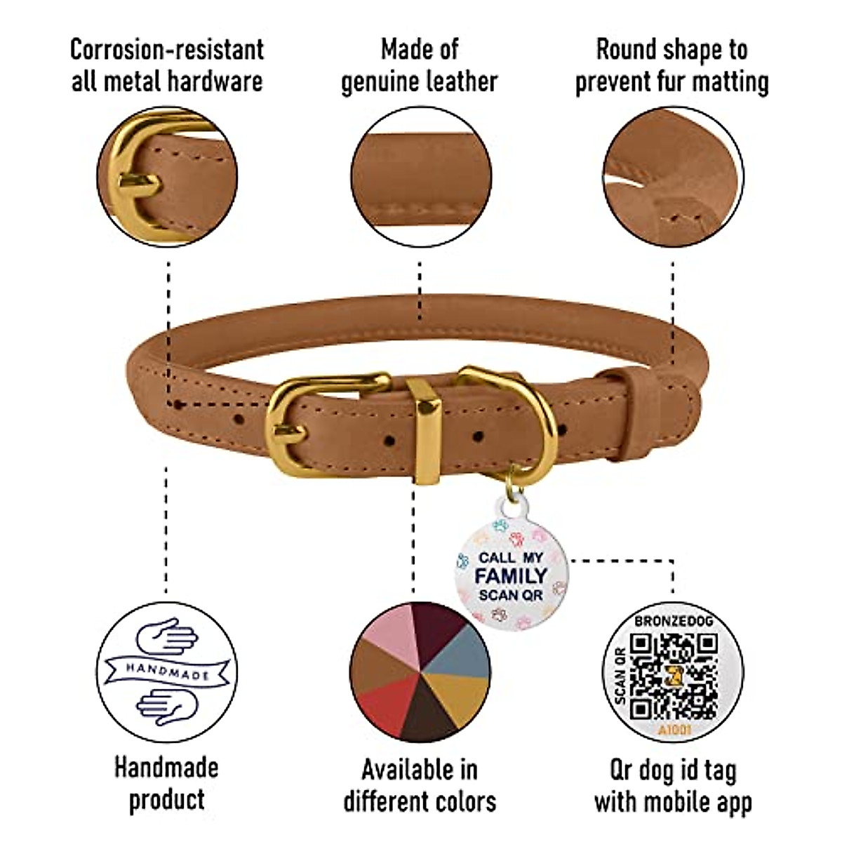 BRONZEDOG Rolled Leather Dog Collar with QR ID Dog Tag Durable Round Personalized Collars Small Medium Large Dogs Puppy Cat (7-8 Inch, Light Brown)