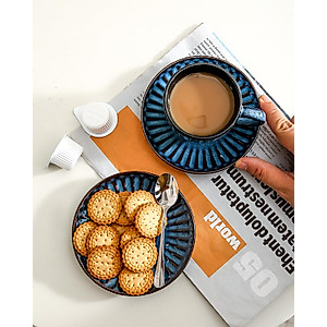 Hasense 4 Oz Espresso Cups with Saucers Set of 4, Ribbed Cappuccino Cups Ceramic for Coffee,Espresso,Double shot,Latte and Macchiato, Demitasse Cups Set Aesthetic Gift, Blue