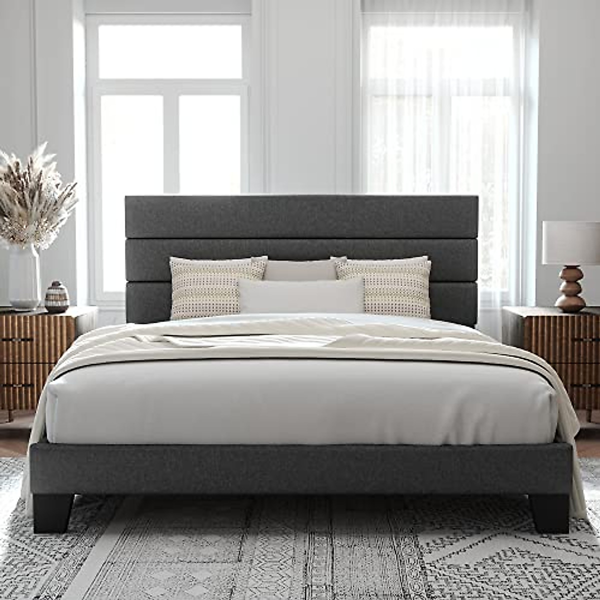 Allewie King Size Platform Bed Frame with Fabric Upholstered Headboard and Wooden Slats Support, Fully Upholstered Mattress Foundation/No Box Spring Needed/Easy Assembly, Dark Grey