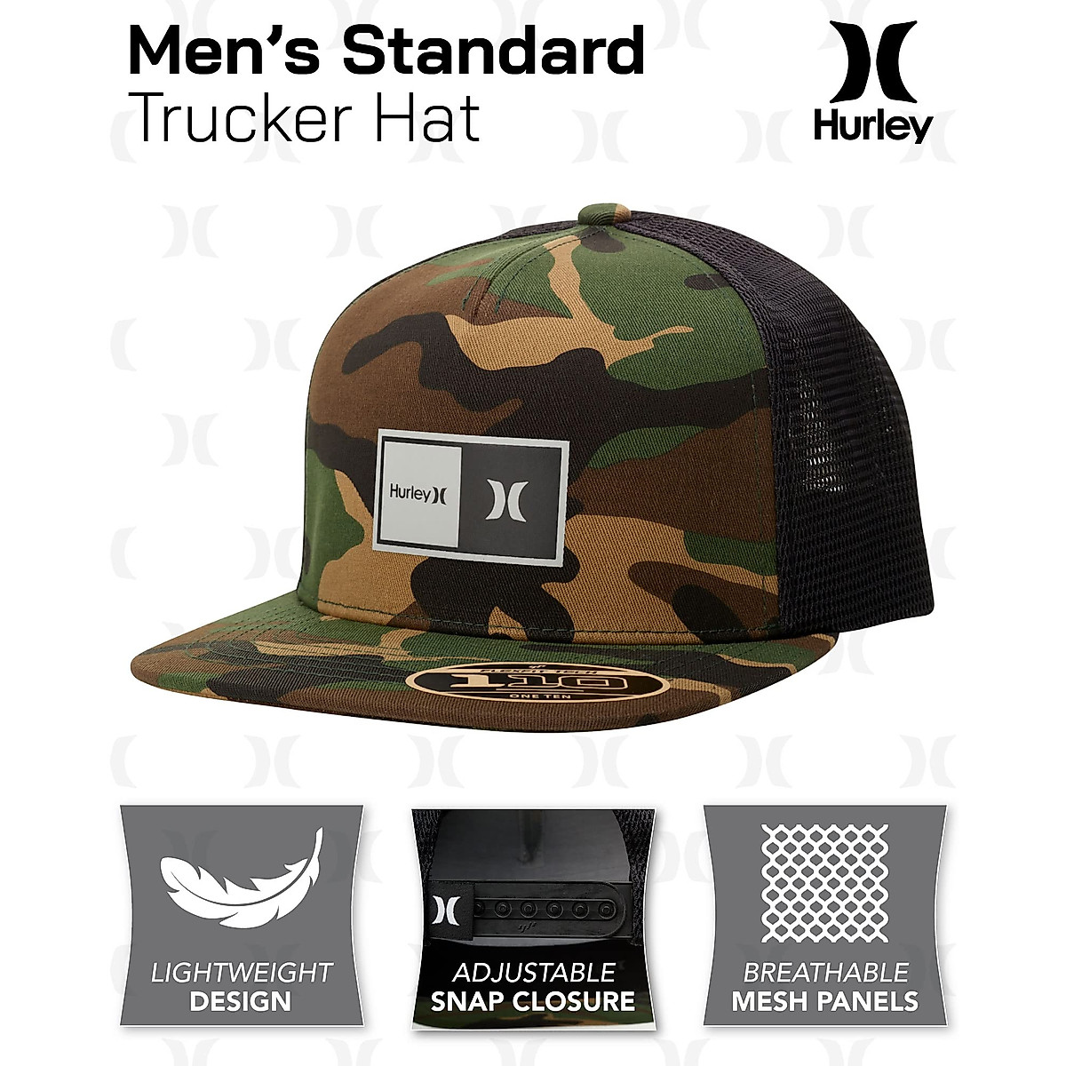 Hurley Mens Caps - Flat Brim Snapback Baseball Cap Standard Trucker Hats for Men, Size One Size, Camo/Black