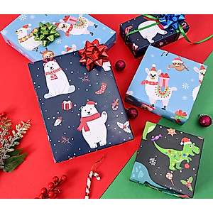 U'COVER Christmas Wrapping Paper for Kids Boys Girls 6 Large Sheet Gift Wrapping Paper for Women Men Christmas Dinosaur,Bear,Llama Sloth Xmas Holiday New Year Wrap Paper Folded Flat 27 * 37inch
