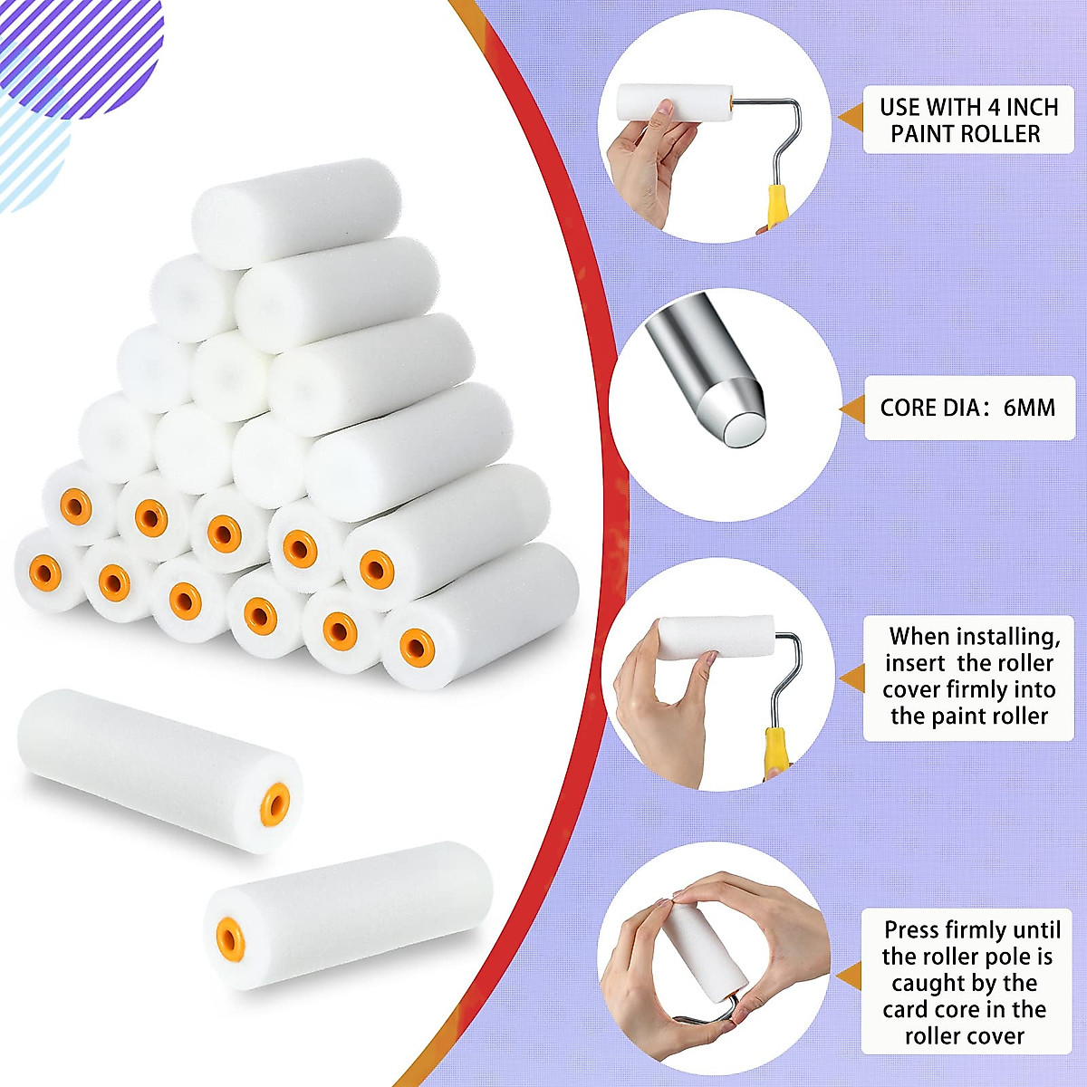 Nuogo 40 Pcs Foam Paint Roller Covers 4 Inch Small High Density Paint Roller Mini House Paint Rollers for Painting Wall Ceiling Cabinet Cupboard Door, White