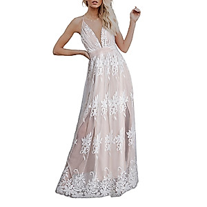 Dokotoo Womens Sexy V Neck Sleeveless Spaghetti Straps Elegant Embroidered High Slit Sheer Mesh Dresses Backless Maxi Long Formal Evening Party Prom Dress Bridesmaid Wedding Guest Dresses White Small