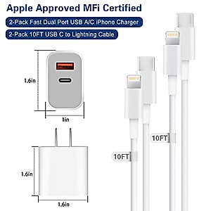 Fast Charger iPhone,Dual Port A/C iPhone Charger Fast Charging Adapter[Apple MFi Certified]2Pack Quick Double iPhone Wall Charger Block 10FT USBC to Lightning Cable for iPhone 14/13/12/11/ProMax/XS/XR