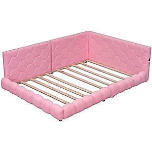 RORIGAT Upholstered Full Size Platform Bed with 2 USB Ports, Full Platform Bed Frame with LED Belt, Short Bed for Kids, No Need Spring Box,Pink