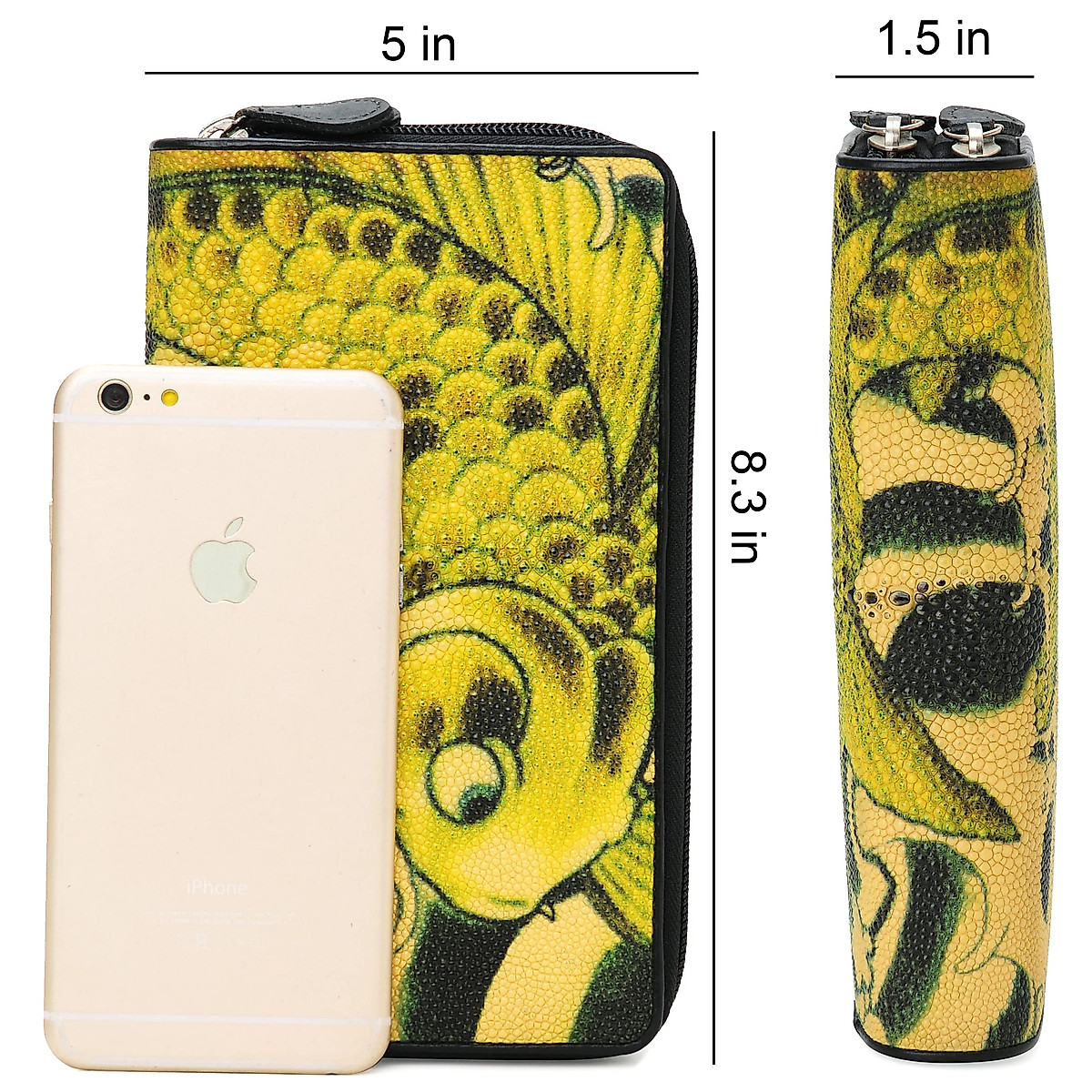 Lucky potato Luxury Genuine Stingray Skin Leather Clutch Checkbook Wallet for Men and Women with Wirstlet,Multi Card Organizer and Large Capacity Purse,Multicolor,Per-zip Wallet