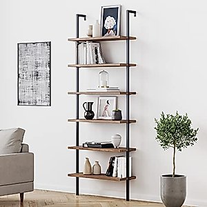 Nathan James Theo 6-Shelf Tall Bookcase, Wall Mount Bookshelf with Reclaimed Wood and Industrial Metal Frame, Oak/Black