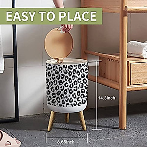 Small Trash Can with Lid Seamless Leopard Fur Fashionable Wild Leopard Print Modern Panther Wood Legs Press Cover Garbage Bin Round Simple Human Waste Bin Wastebasket for Kitchen Bathroom Office