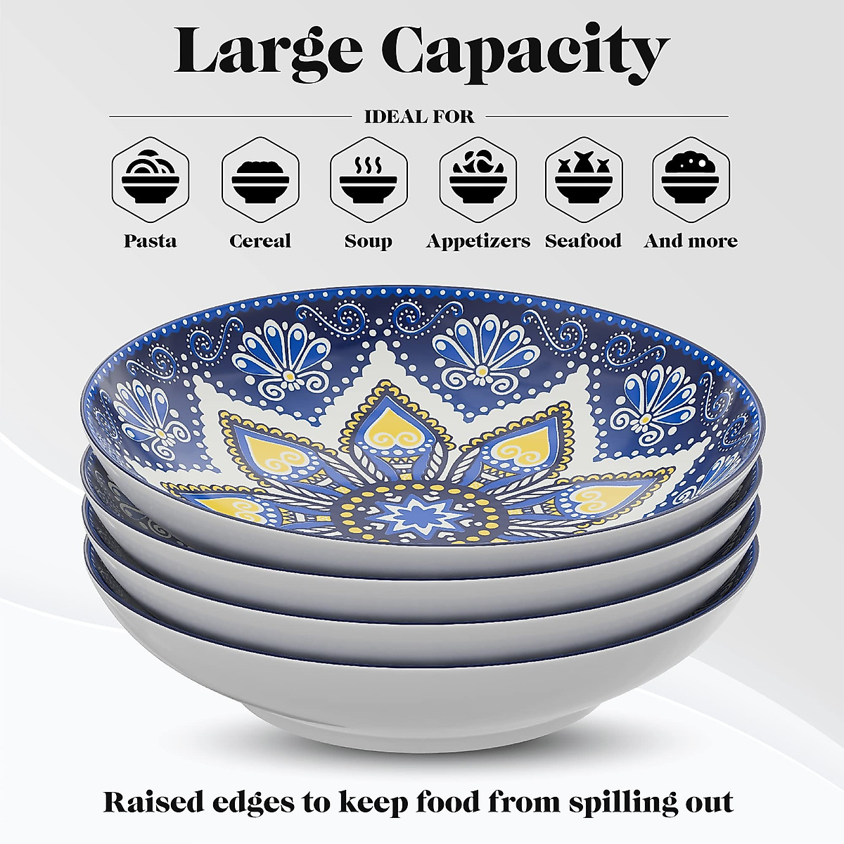 American Atelier Pasta Bowls | Set of 4 | Large, 9-inch, Dinner Serving Plates | Wide and Shallow Bowls Set for Pasta, Salad, Soup, Spaghetti, Stews, or Cereal | Blue & Yellow Medallion Motif