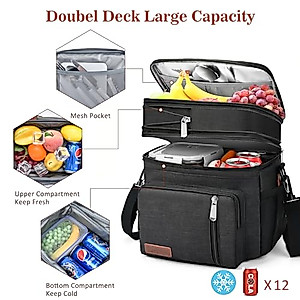 LOKASS Lunch Box for Men, 16L Double Deck Expandable Insulated Lunch box For Adults/Women Thermal Large Waterproof Leakproof Lunch Bag for Work with Shoulder Strap, Black