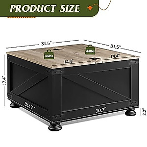 WLIVE Farmhouse Coffee Table,Square Wood Lift Top Coffee Table with Storage,Center Table for Living Room,Home Office,Black and Grey Oak