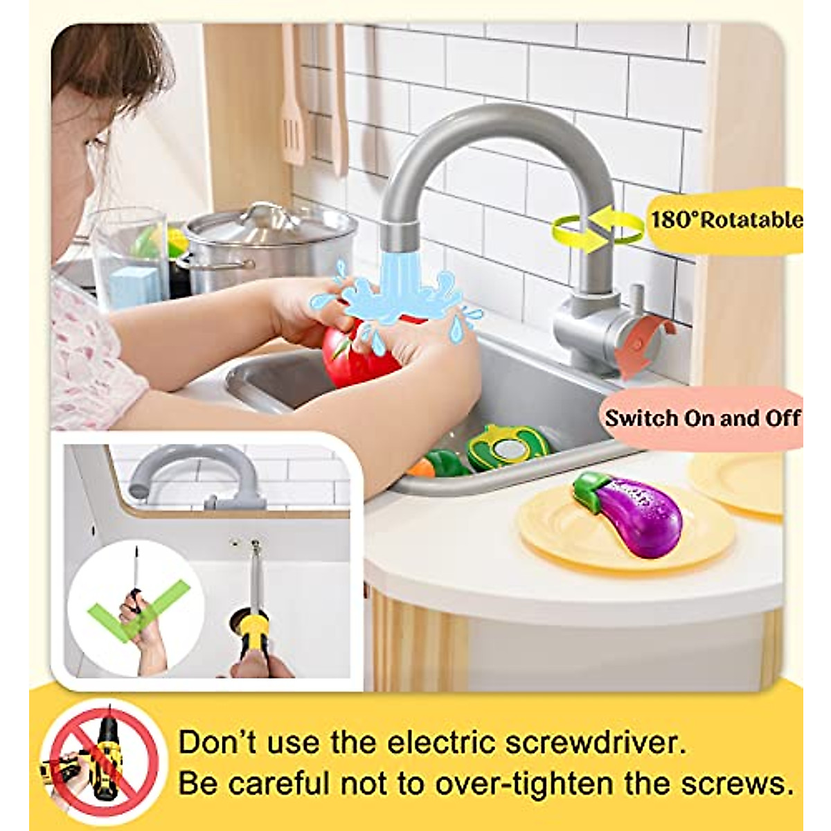 Tiny Land Play Kitchen for Kids, Wooden Kids Play Kitchen Playset Chef Pretend Play Set for Toddlers with Real Lights & Sounds, Toys Kitchen with 18 Pcs Toy Food & Cookware Accessories