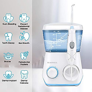 TUREWELL Water Flossing Oral Irrigator, 600ML Dental Water Teeth Cleaner 10 Adjustable Pressure, Electric Dental Oral Flosser for Teeth/Braces, 8 Water Jet Tips for Family (White)
