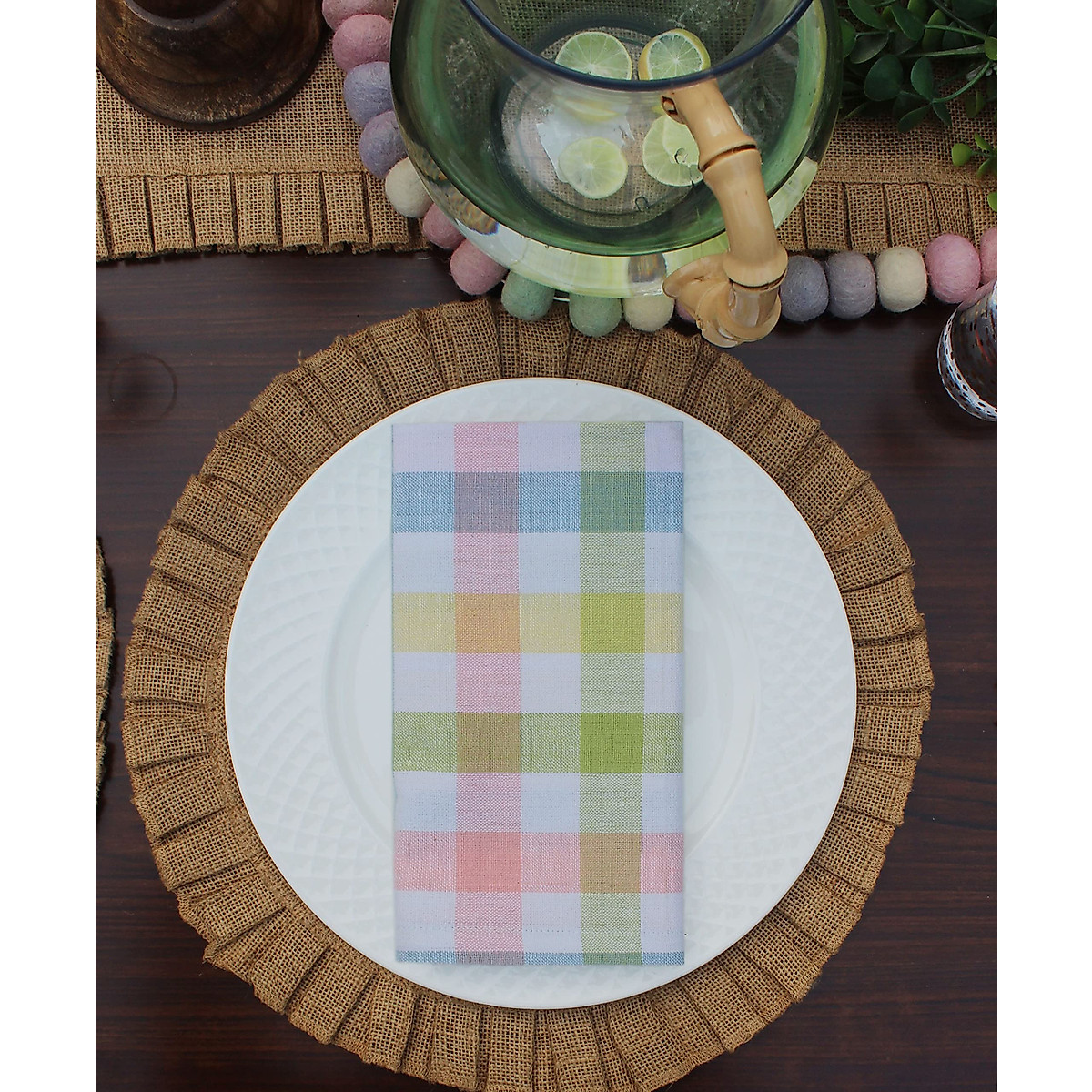 COTTON CRAFT Gingham Buffalo Plaid Check Napkins - Mitered Corners - Spring Easter Bunny Pastel Luncheon Dinner - Set of 8 - Pure Cotton - Reusable Washable - 18 inch x 18 inch - Yellow Multi Pastel