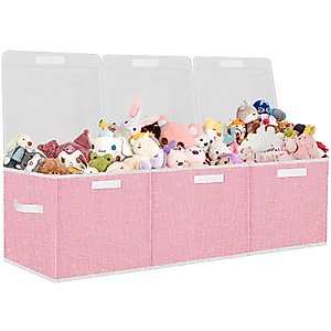 Pantryily Extra Large Toy Storage Box, Stackable Storage Bins with Lids, Detachable Toys Boxes Chest Organizer,Collapsible Bins with Sturdy Handles for Girls(Pink)