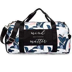 Gym Bag for Women with Shoe Compartment and Wet Pocket | Durable Lightweight Gym Duffle Bag with Motivational Quote and Graphic Designs | Great for Exercise and Overnights | White/Navy - Guava Leaf