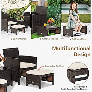 Tangkula 5 Pieces Wicker Patio Furniture Set, Patiojoy Conversation Chair and Ottoman Set with Single-Door Storage Coffee Table and Cushions, Outdoor Lounge Chair Chat Set, Space-Saving (Off White)