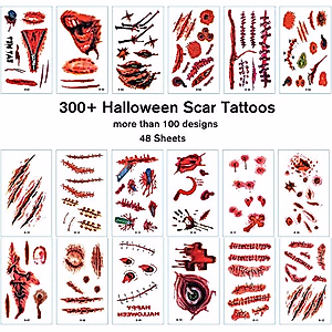 300+ Pieces Halloween Scar Tattoos Temporary for Costume Cosplay Props/Accessories - Vampire Zombie Party Supplies Decorations Realistic Bloody Fake Injury Wound Body Sticker Tattoo(48 Sheets)