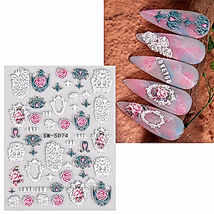 JMEOWIO 3D Spring Embossed Flower Nail Art Stickers Decals Self-Adhesive Pegatinas Uñas 5D Floral Nail Supplies Nail Art Design Decoration Accessories 5 Sheets