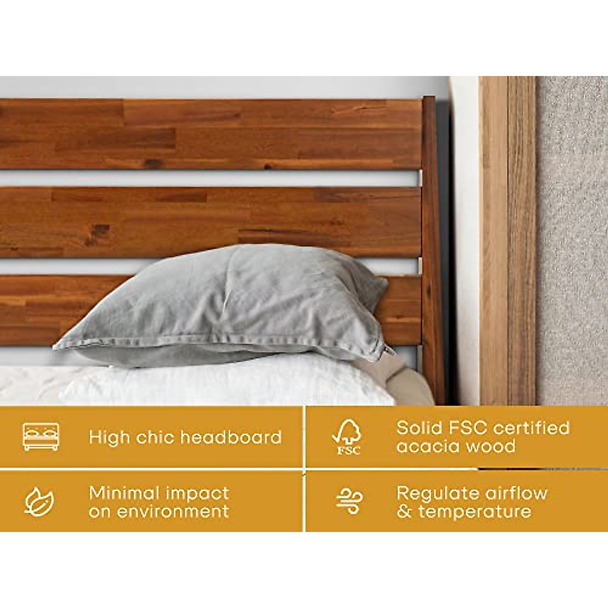 Acacia Emery Bed Frame with Headboard Solid Wood Platform Bed, Bed Frame King, Scandinavian Signature Wood Bed Compatible with All Mattresses, Non-Slip and Noise-Free, Caramel