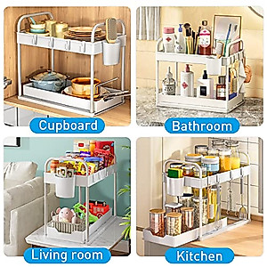 2-Tier Under Sink Organizer, PXRACK Sliding Under Bathroom Cabinet Storage Drawer Basket Organizer Rack with Hooks, Hanging Cup, Handles, Under Sink Shelf Organizer for Bathroom, Kitchen