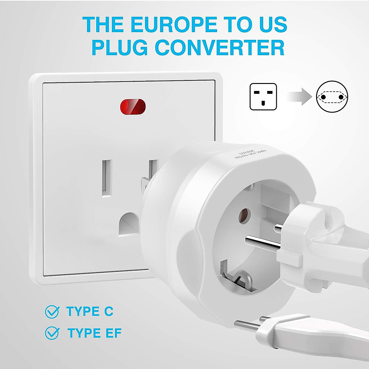1 Pack Europe to US Plug Adapter, VINTAR European to US Plug Adapter, EU to US Plug Adapter, Europe to USA Travel Converter for Most of Europe EU Spain France Type C E F Plugs to US Power Adapter